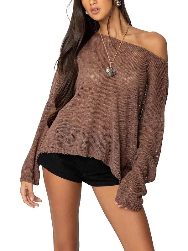 EDIKTED Bri Oversized Boat Neck Sweater - Brown