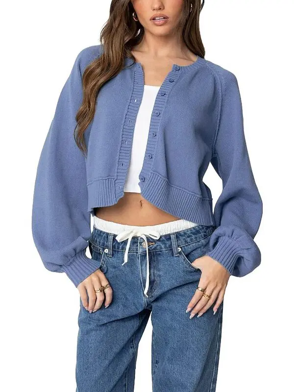 EDIKTED Sammi Puff Sleeve Knit Cardigan - Blue