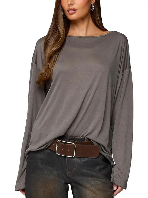 EDIKTED Oversized Semi Sheer Long Sleeve T-shirt - Gray