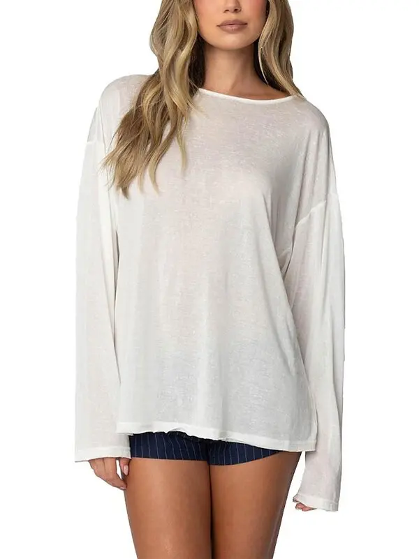 EDIKTED Oversized Semi Sheer Long Sleeve T-shirt - White