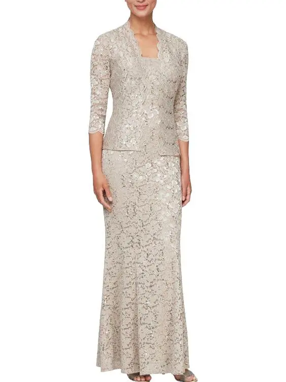 SL FASHIONS Sequin Lace A-line Gown With Jacket - Champagne