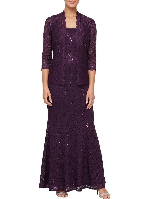 SL FASHIONS Sequin Lace A-line Gown With Jacket - Egg
