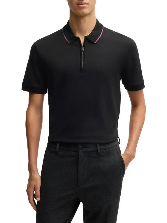 BOSS Paras Quarter Zip Cotton Polo - Black