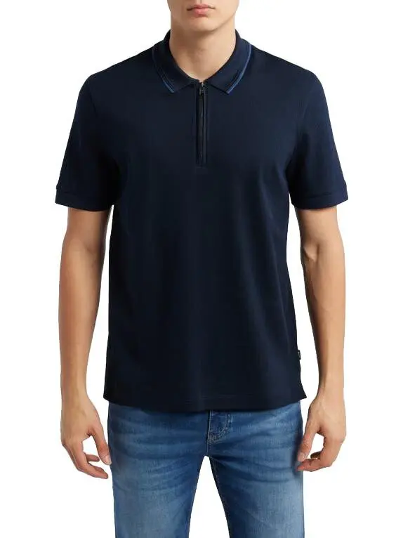 BOSS Paras Quarter Zip Cotton Polo - Dark Blue