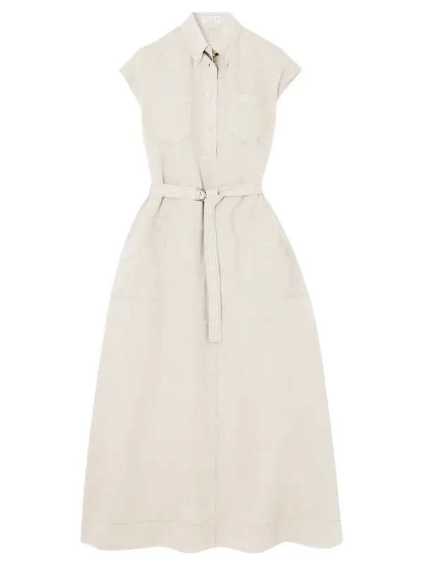 Brunello Cucinelli Belted Bead-embellished Linen Midi Dress - Neutrals