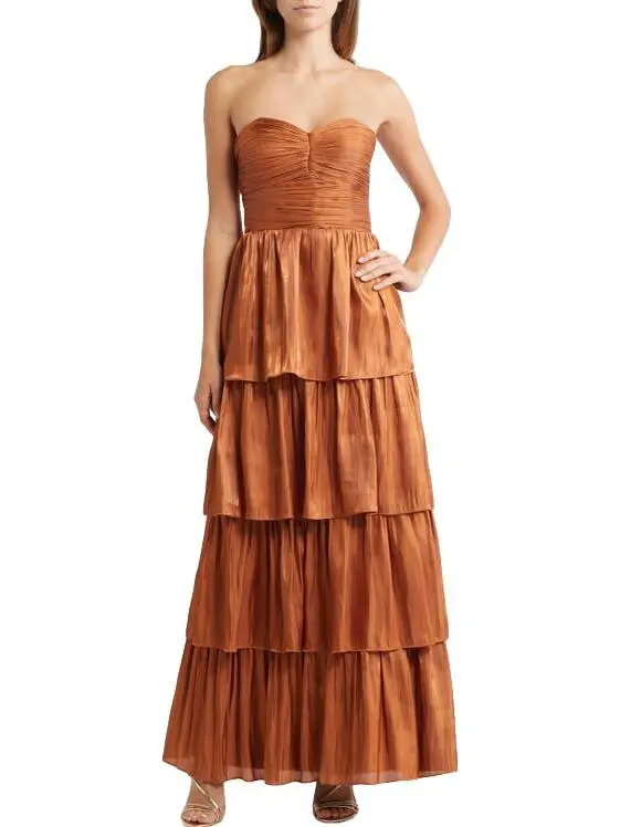 Lulus Bella Strapless Tiered Gown - Rust