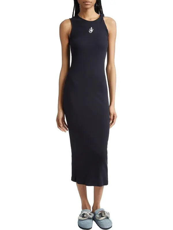 JW Anderson Anchor Logo Twist Strap Rib Tank Dress - 999 Black
