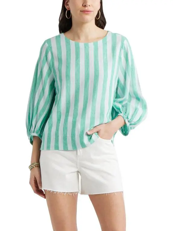 Caslon Balloon Sleeve Linen Blend Top - Blue- Green Cabana Stripe