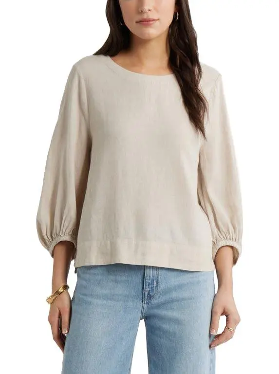 Caslon Balloon Sleeve Linen Blend Top - Flax