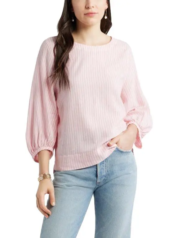 Caslon Balloon Sleeve Linen Blend Top - Pink- Ivory Penny Stripe