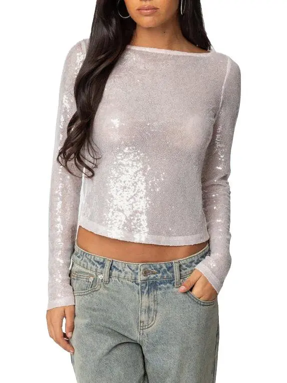 EDIKTED Sheer Sequin Top - Soft Pink