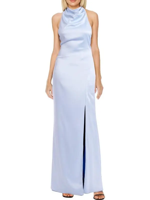 Badgley Mischka Faux Pearl Halter Gown - Sky