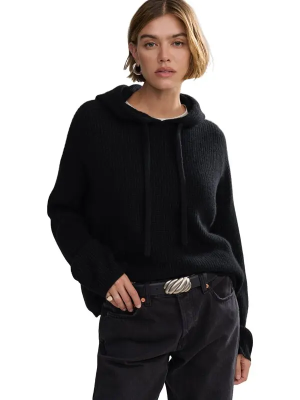 Jenni Kayne Cashmere Fisherman Ribbed Hoodie - Black
