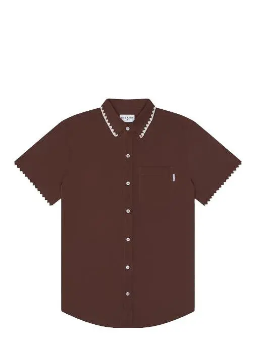 MAVRANS Blanket Stitch Short Sleeve Performance Button-up Shirt - Brown/white