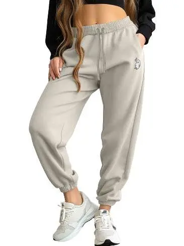 DALIX Heartly Ghost Embroidered Fleece Sweatpants - Bone