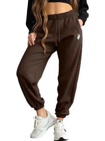 DALIX Heartly Ghost Embroidered Fleece Sweatpants - Brown