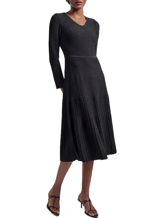 Misook Long Sleeve Rib Fit & Flare Midi Dress - Black