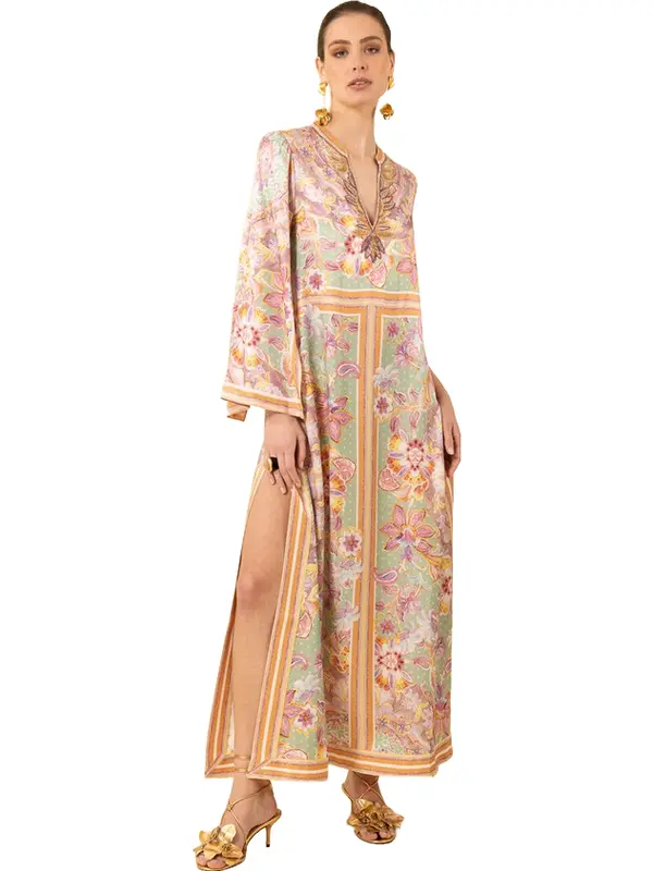 Hale Bob Aileen Beaded Silk Caftan Dress - Green