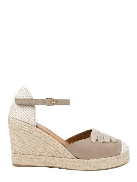 MENINA STEP Jimena High Strap Taupe Laced Espadrille Wedges - Natural