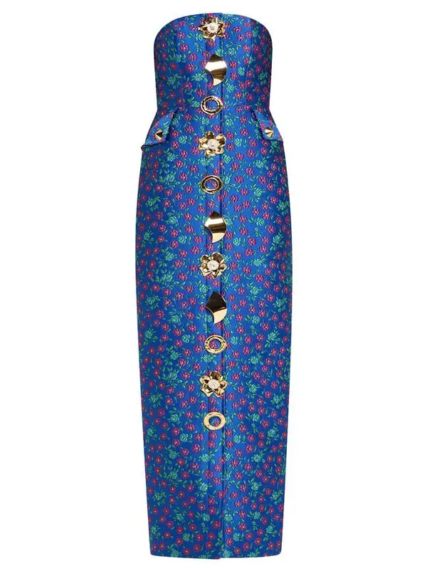 Harbison Quanta Floral Brocade Buttoned Gown - Lapis Brc