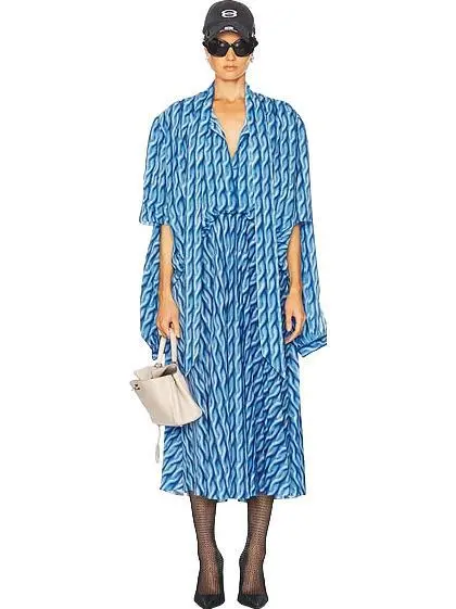 Balenciaga Double Sleeve Dress With Gathered Waist And Convertible Styling - Blue