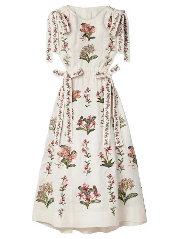 Agua Bendita Guanguacó Orquidea Embroidered Linen Midi Dress - Ivory