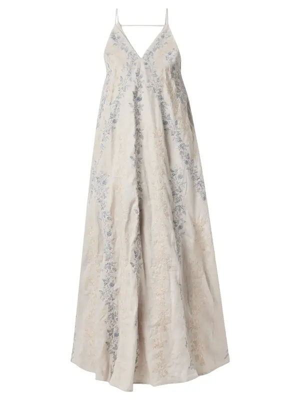Agua Bendita Soledad Bougainvillea Embroidered Linen Maxi Dress - Ivory