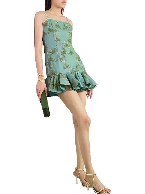 Agua Bendita Tumbao Orquidea Ruffled Embroidered Linen Mini Dress - Green