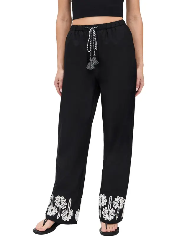 Rails Emmie Embroidered Wide Leg Pants - Black Ivory Palm Trees