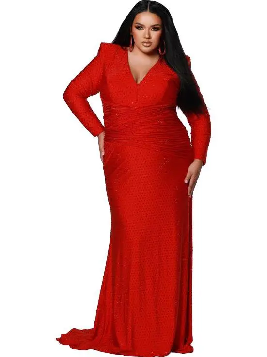 SYDNEY'S CLOSET Ruched Long Sleeve V-neck Evening Gown - Ruby