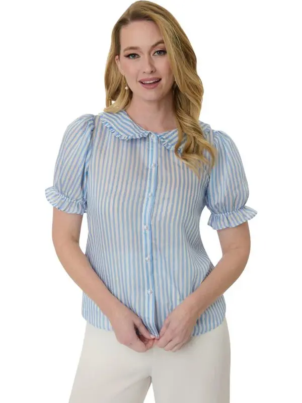 SMAK PARLOUR 1960s Puff Sleeve Blouse - Blue & White Stripe