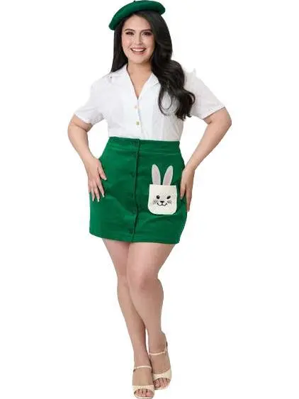 SMAK PARLOUR Kitsch Pocket Mini Skirt - Green W/bunny Pocket