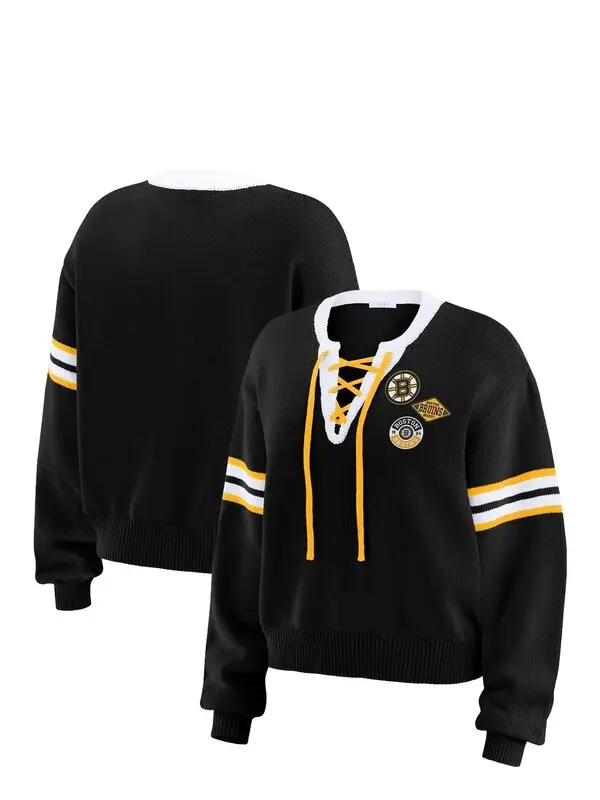 WEAR BY ERIN ANDREWS Boston Bruins Cropped Lace-up Sweater With Embroidered Patches - Black
