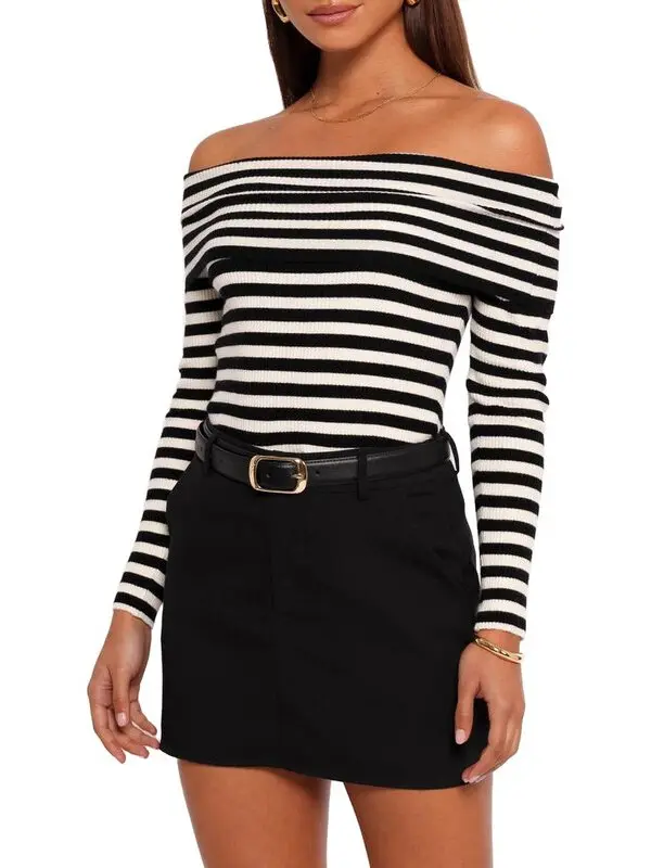 PETAL & PUP Ellora Stripe Off-the-shoulder Rib Top - Black Cream