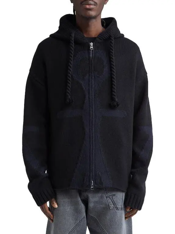 JW Anderson Anchor Intarsia Merino Wool Zip Sweater - Black/ Navy
