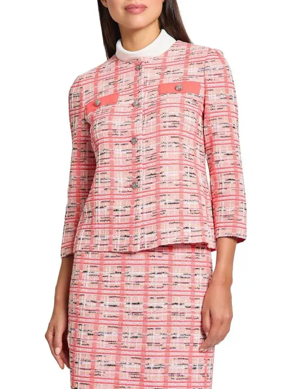Ming Wang Plaid Knit Jacket - Sunkist Coral/ Multi