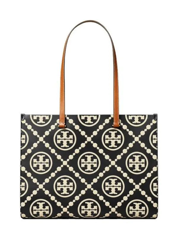 Tory Burch T Monogram Embossed Leather Tote - Black/ White