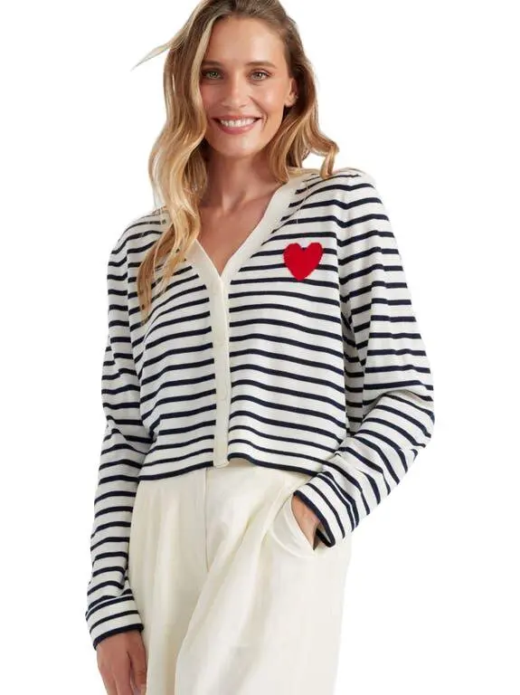 Chinti & Parker Pure Merino Heart Breton Cardigan - Cream/navy/true Red