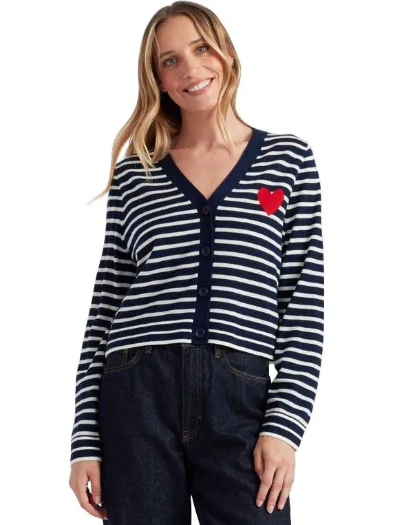 Chinti & Parker Pure Merino Heart Breton Cardigan - Navy/cream/true Red