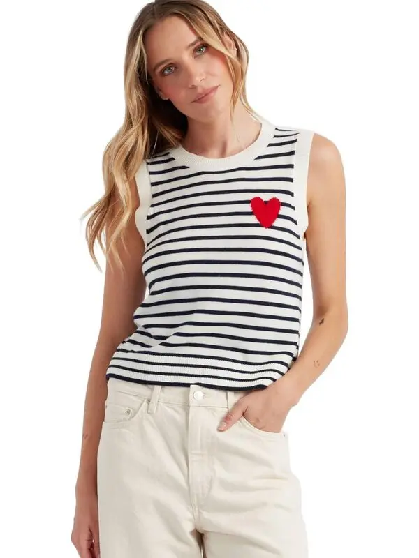 Chinti & Parker Pure Merino Heart Breton Tank - Cream/navy/true Red