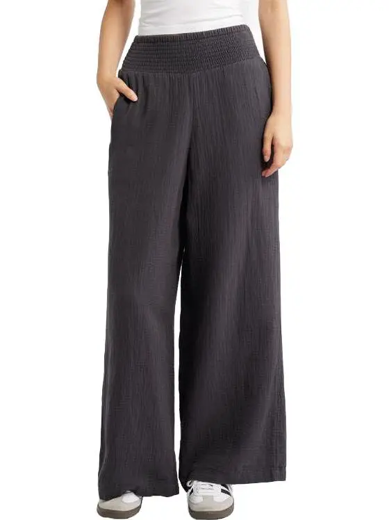 BILLABONG New Waves Smock Waist Cotton Gauze Pants - Black Sands