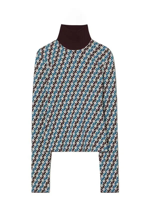 Tory Burch Jacquard Turtleneck - Aqua Blue Linked Geo 3 Color