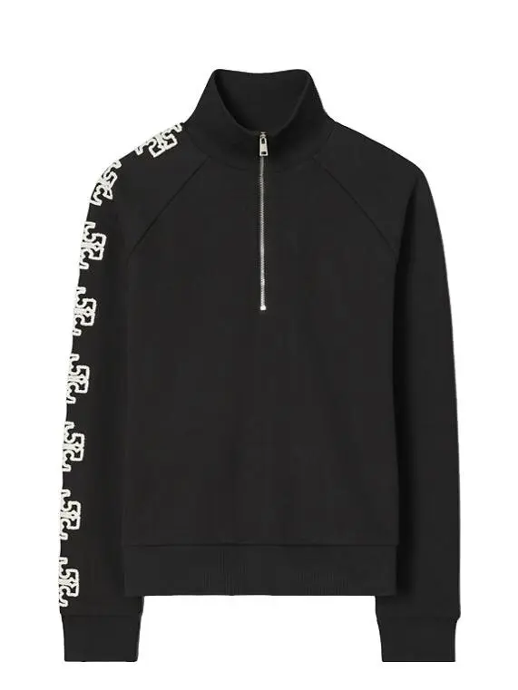 Tory Burch French Terry Logo Sleeve Half-zip Sweatshirt - Black/new Ivory