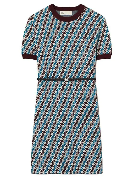 Tory Burch Jacquard Sweater Dress - Aqua Blue Linked Geo 3 Color