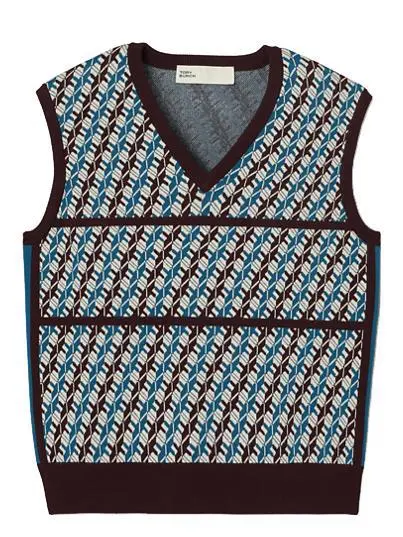Tory Burch Jacquard Sweater Vest - Aqua Blue Linked Geo 3 Color
