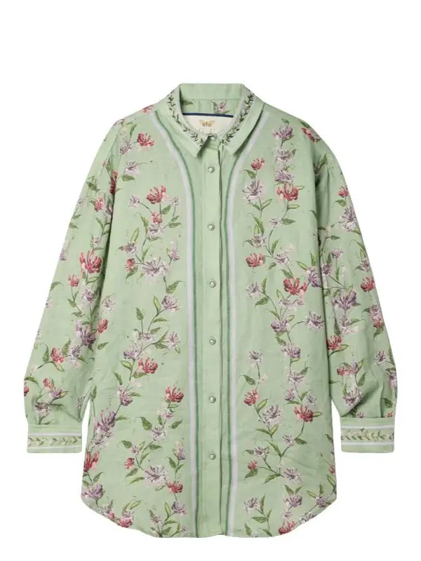 Agua Bendita Cecilia Honeysuckle Floral-print Linen Shirt - Green