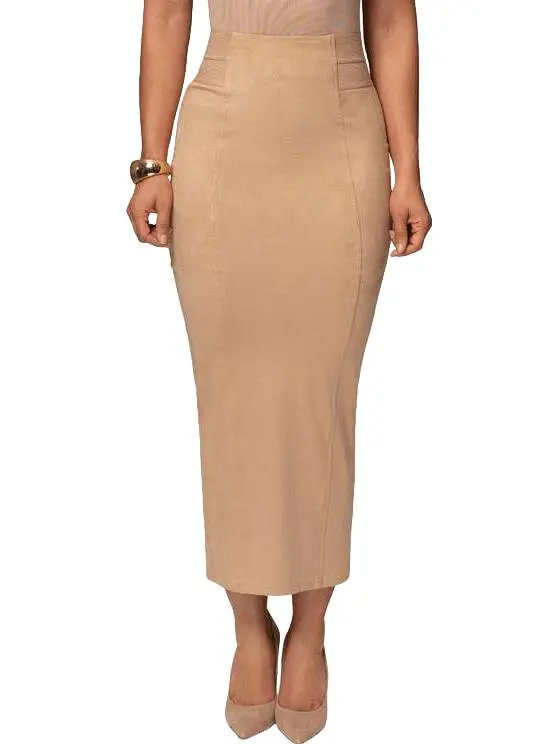 JLUXLABEL Phoenix Faux Suede Pencil Skirt - Beige