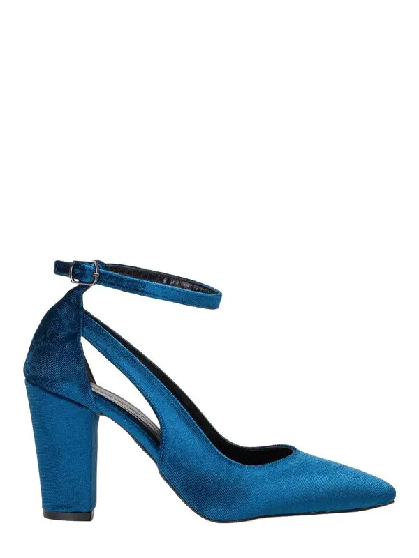 FOREVER & ALWAYS SHOES Colette Pointed Toe Block Heels - Teal Blue Velvet