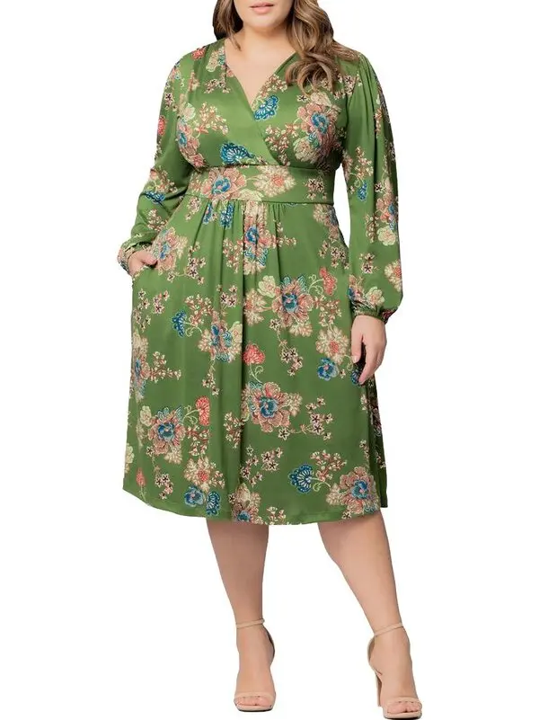 KIYONNA Diana Long Sleeve Dress - Olive Floral Print