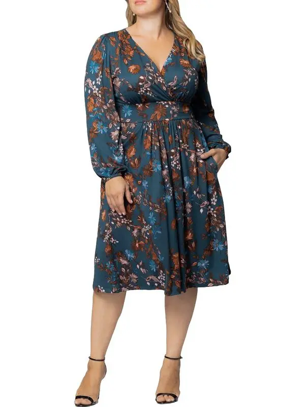 KIYONNA Diana Long Sleeve Dress - Teal Blue Asters
